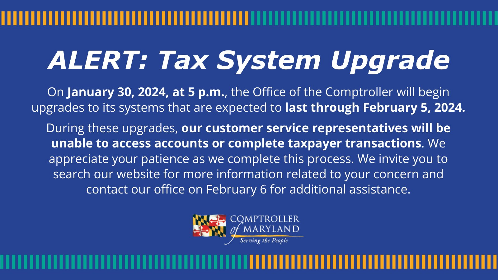 MD Comptroller Announces Service Disruption for Tax System Upgrade ...